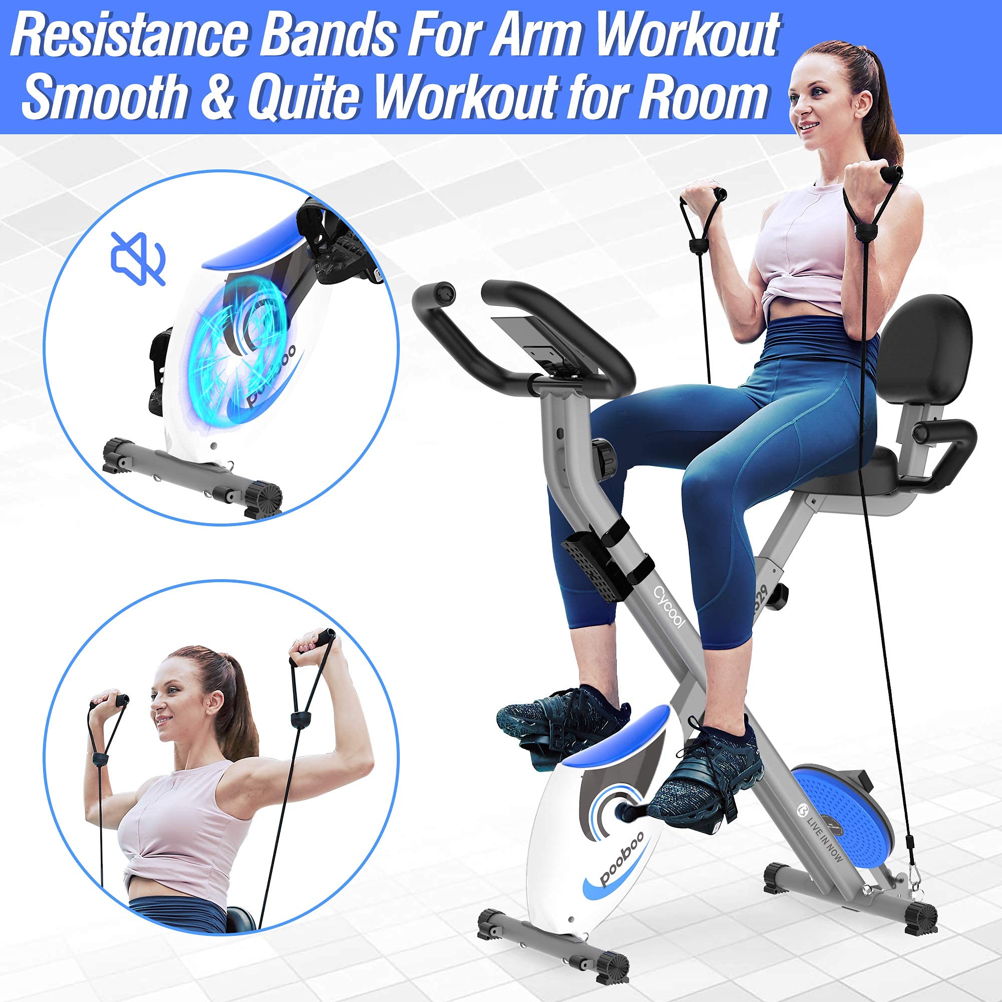 cycool Foldable Exercise Bike Magnetic Stationary Bikes Indoor Cardio Training Cycle with Comfortable Seat Cushion,Twister Plate and Arm Resistance Bands Workout Bicycle (grey)