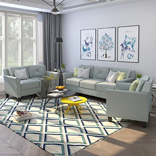 P PURLOVE 3 Pieces Polyester Blend Button Tufted Sofa Set, Living Room Furniture Set, 1 Armchair, 1 Loveseat, 1 Sofa (Gray)