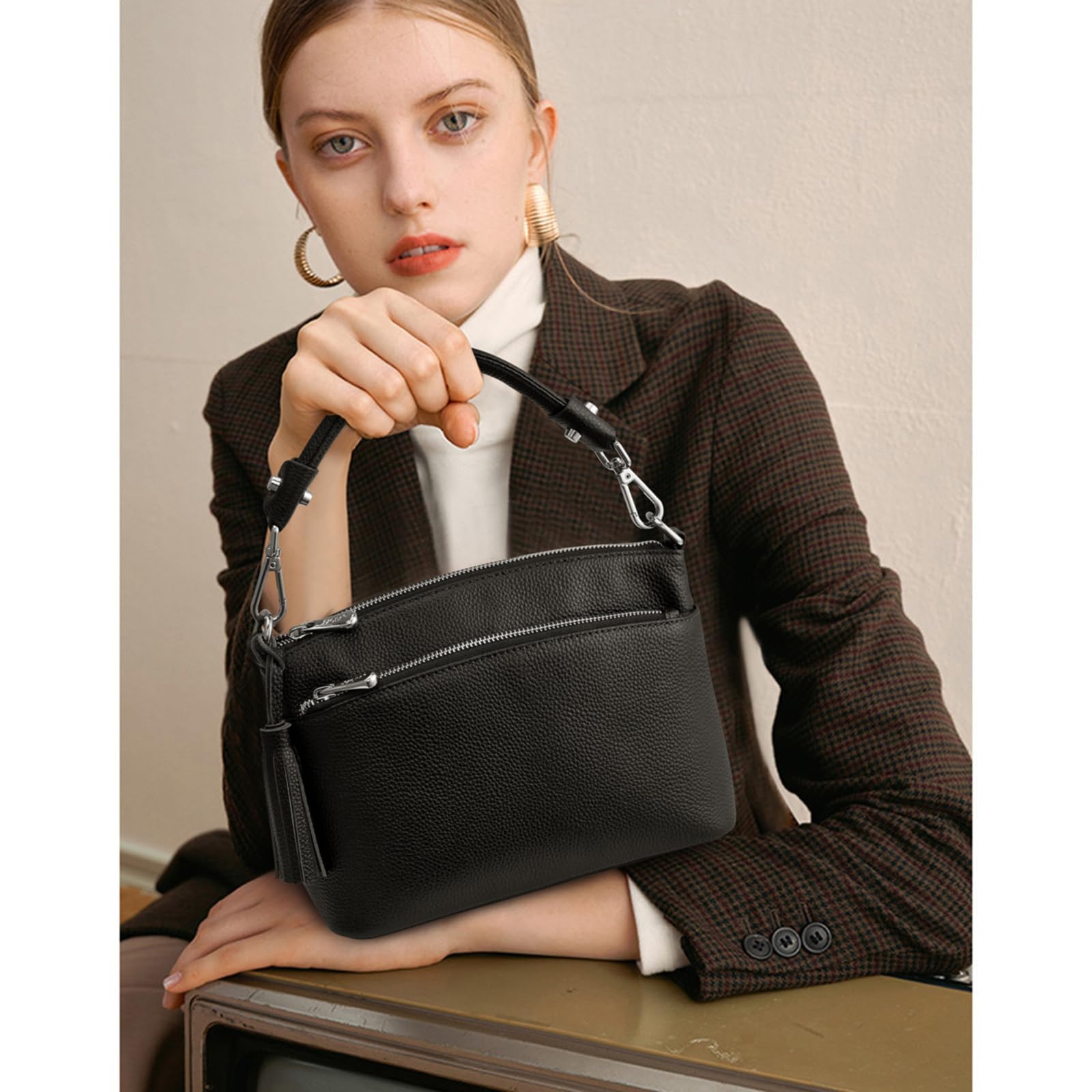S-ZONE Small Genuine Leather Top Handle Handbags for Women Shoulder Bag Crossbody Purse