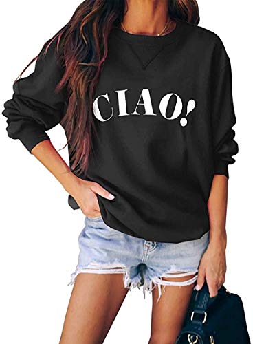 Ciao Italian Hello Pullover - Womens Casual Long Sleeve Letter Italian Goodbye Graphic Sweatshirt Tops (black3, 2XL)