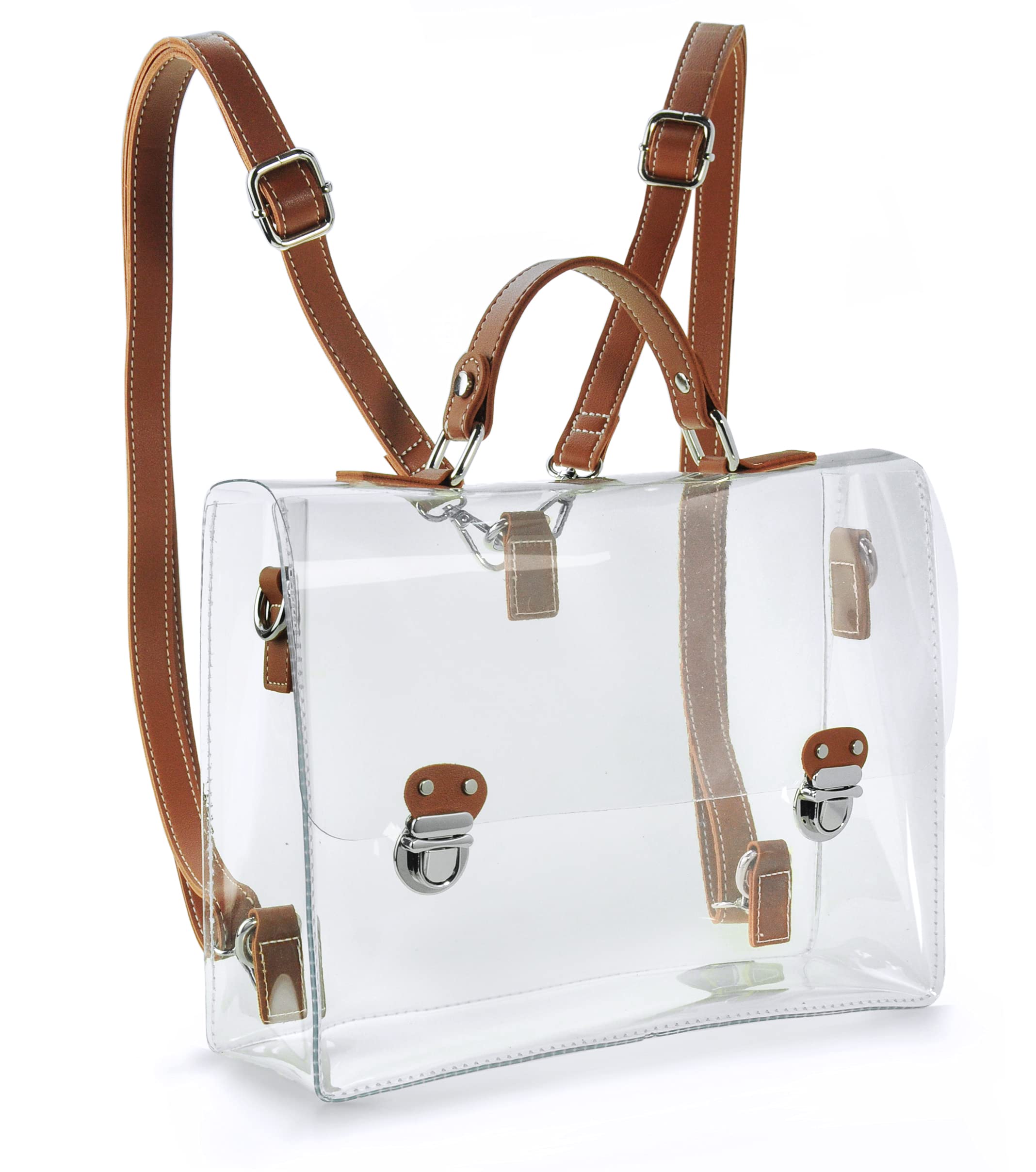 Clear PVC Backpack for Stadium Approved Multifunction Transparent Shoulder Handbag Unisex Messenger Satchel Cross Body Bag (Brown)