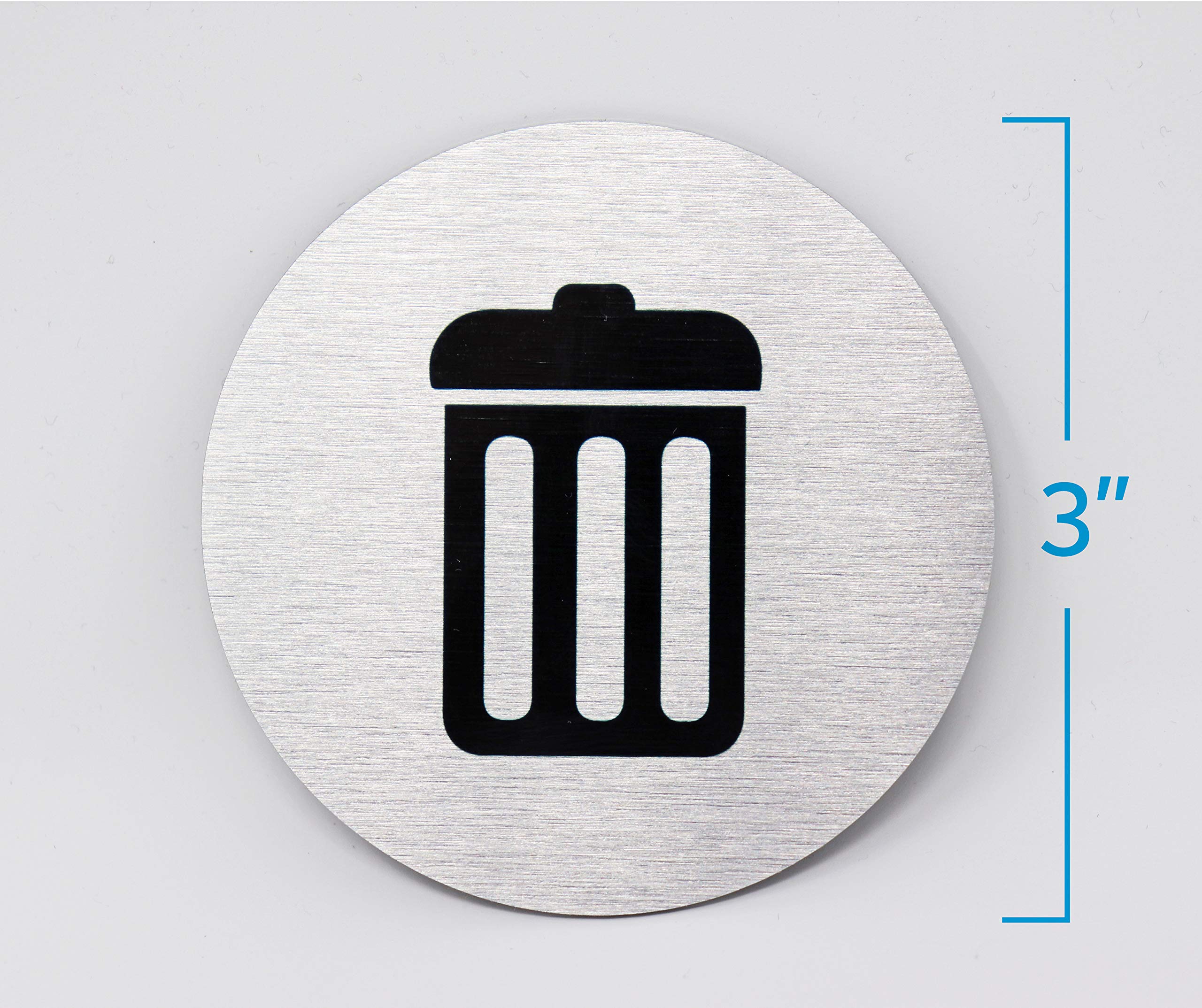 Metal Trash Signs | 3" Garbage Bin Marker | Metal Sign for Waste Basket | Brushed Silver Aluminum Sign with Black Trash Symbol | Ready to Hang | Made in USA