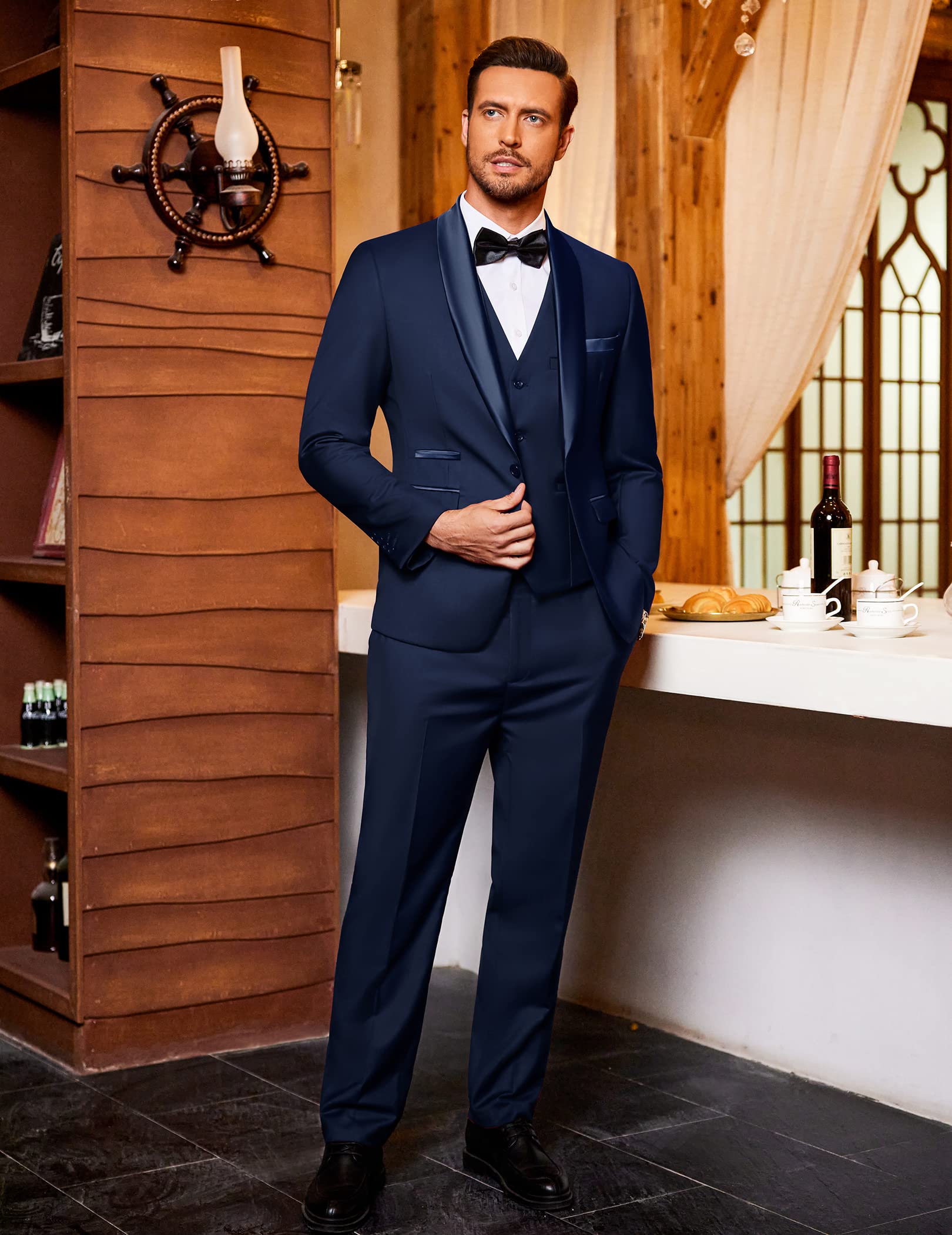 COOFANDY Men's 3 Pieces Suit Elegant Tux Wedding Prom Party Tuxedo Blazer Navy Blue XXL