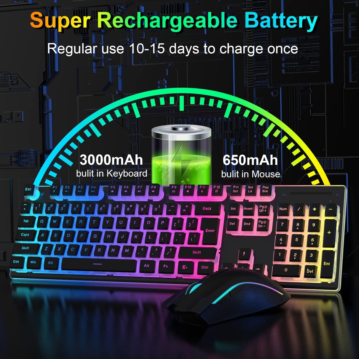 FELICON L96 Wireless Keyboard Mouse Combo, 3650mAh Rechargeable RGB Full Size Keyboard with Pudding Keycaps, Ergonomic Mechanical Feel 4800 DPi Rainbow Led Mute Mouse 2.4G USB for PC/Mac(Black)