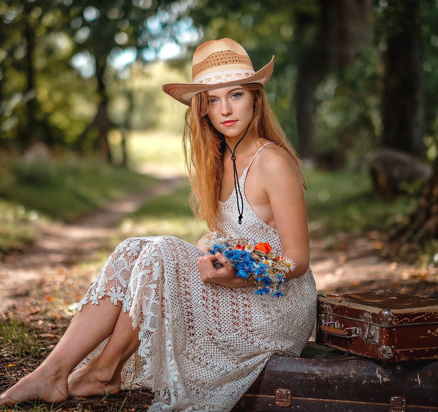 Cowboy Cowgirl Straw Hat with Bands for Women - Western with Wide Brim for Coastal Sun Beach Summer Ivory