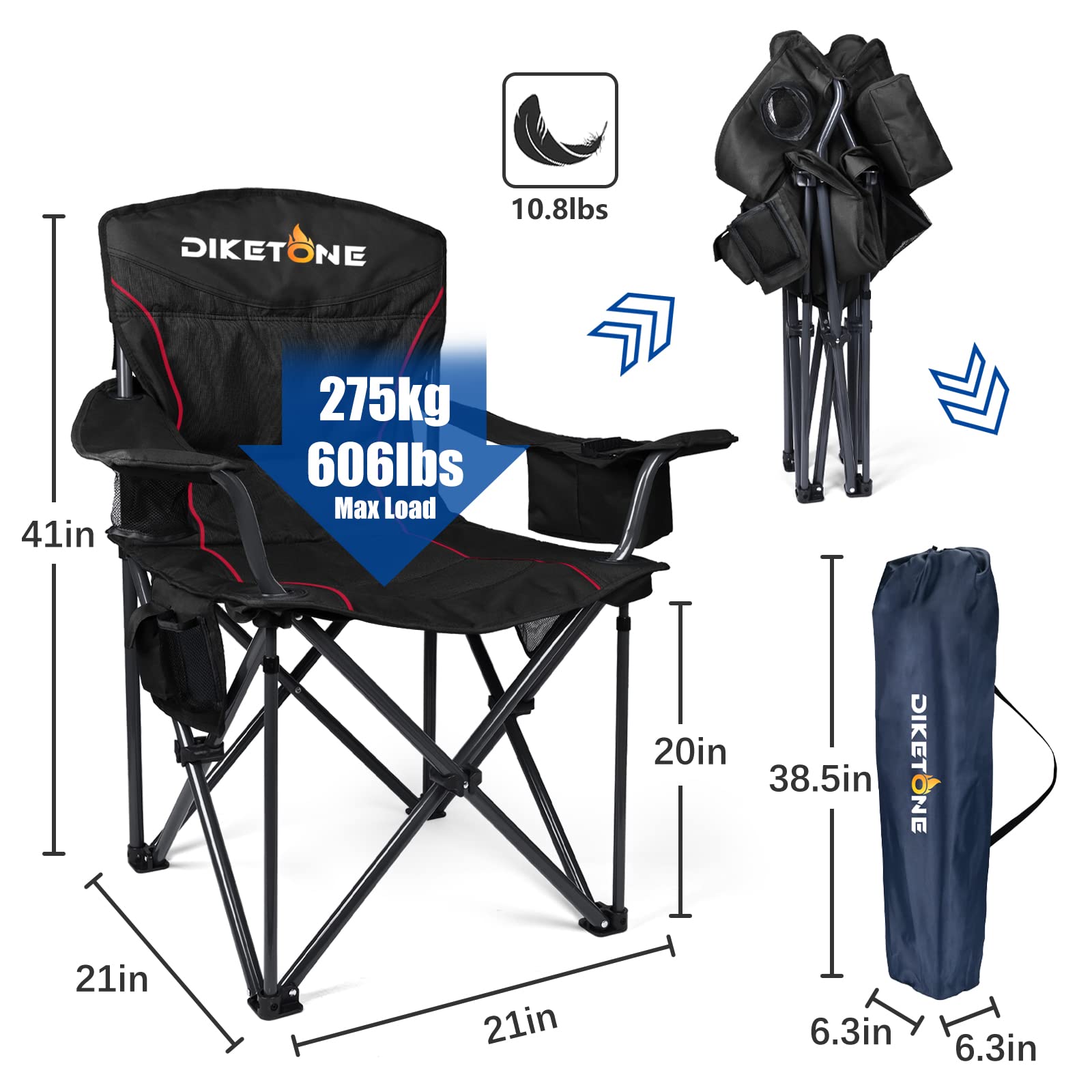 Diketone Camping Chairs for Adults Folding Camp Chairs with Cooler Bag Padded Camping Chairs for Heavy People Outdoor Oversized Camp Chairs Heavy Duty Supports 606 lbs Black