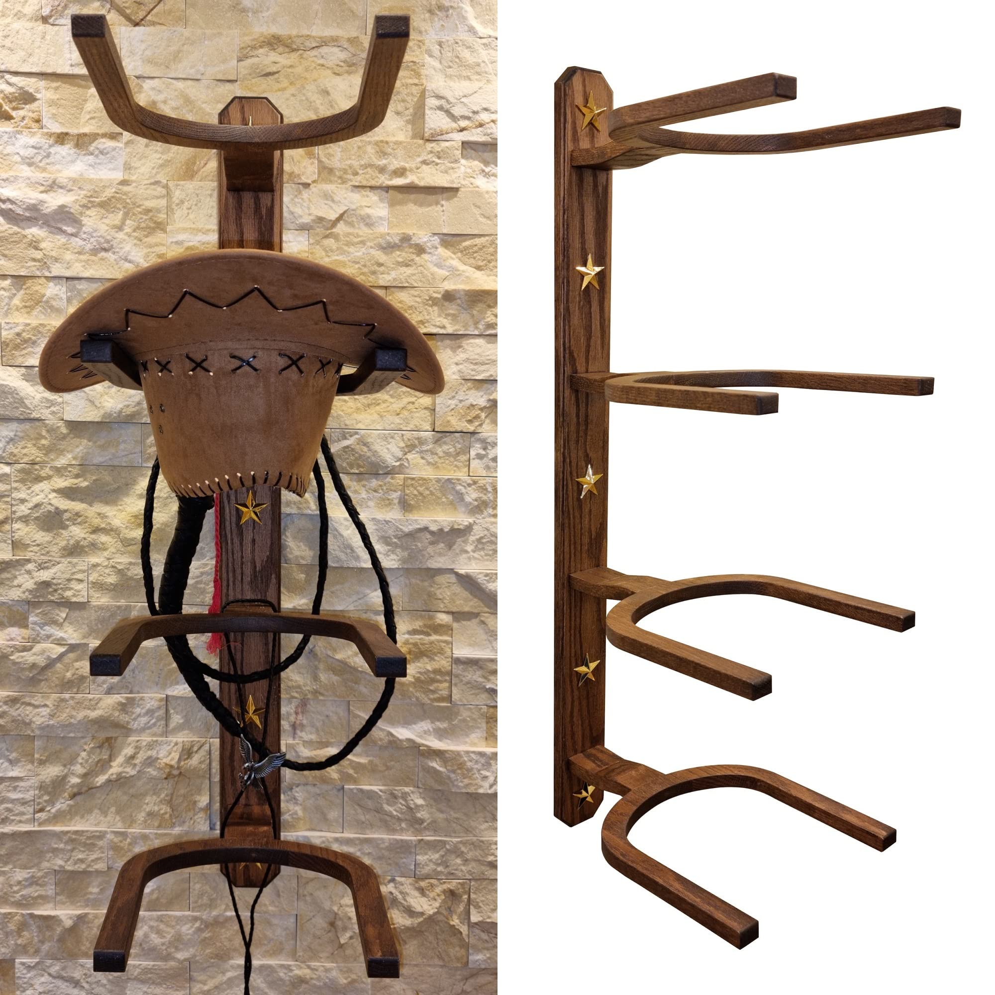 Cowboy Hat Rack - Made from Solid Oak - with Solid Copper 24 Carat Gold Plated Stars - 4 Hat Cowboy Hat Holder - No Veneer or Chipboard