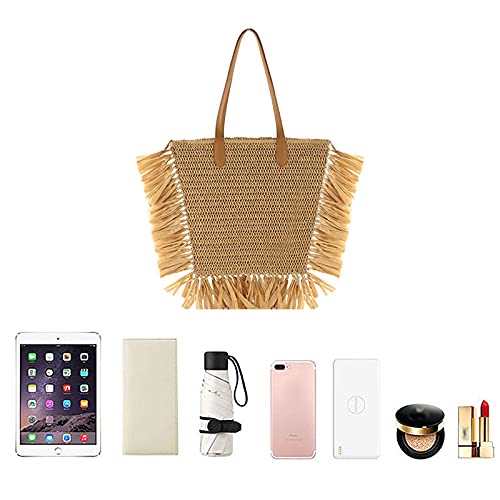 Women Large Fringe Straw Woven Shoulder Bag Summer Beach Top-Handle Bag Travel Tote