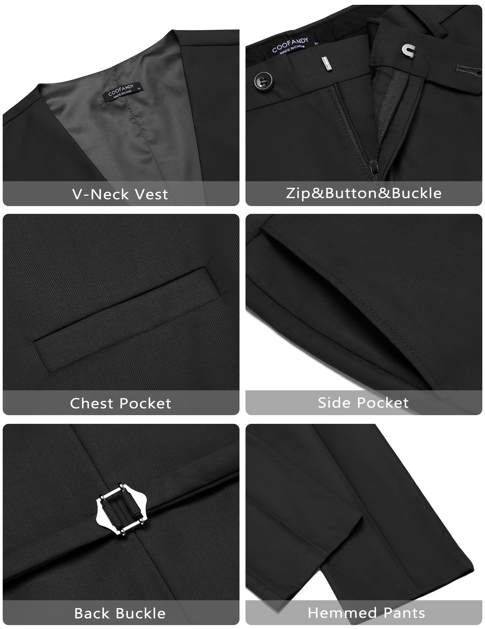 COOFANDY Mens Slim Fit 3 Piece One Button Business Wedding Prom Suits Blazer Tux Vest & Trousers Black Small
