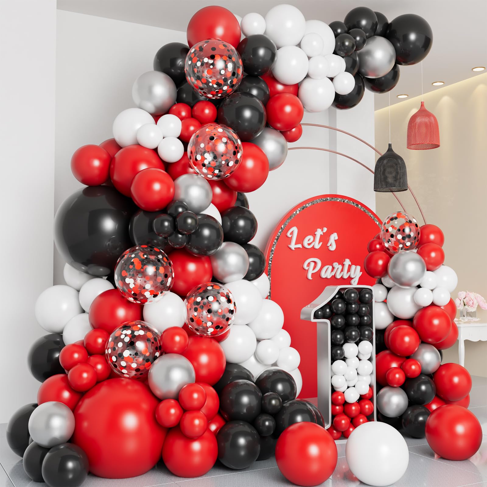DBKL Red Black and White Balloon Garland Arch Kit with Different Size Red Black White Silver Confetti Balloons for Shower Birthday New Year Graduation Wedding Racing Car Poker Party Decorations