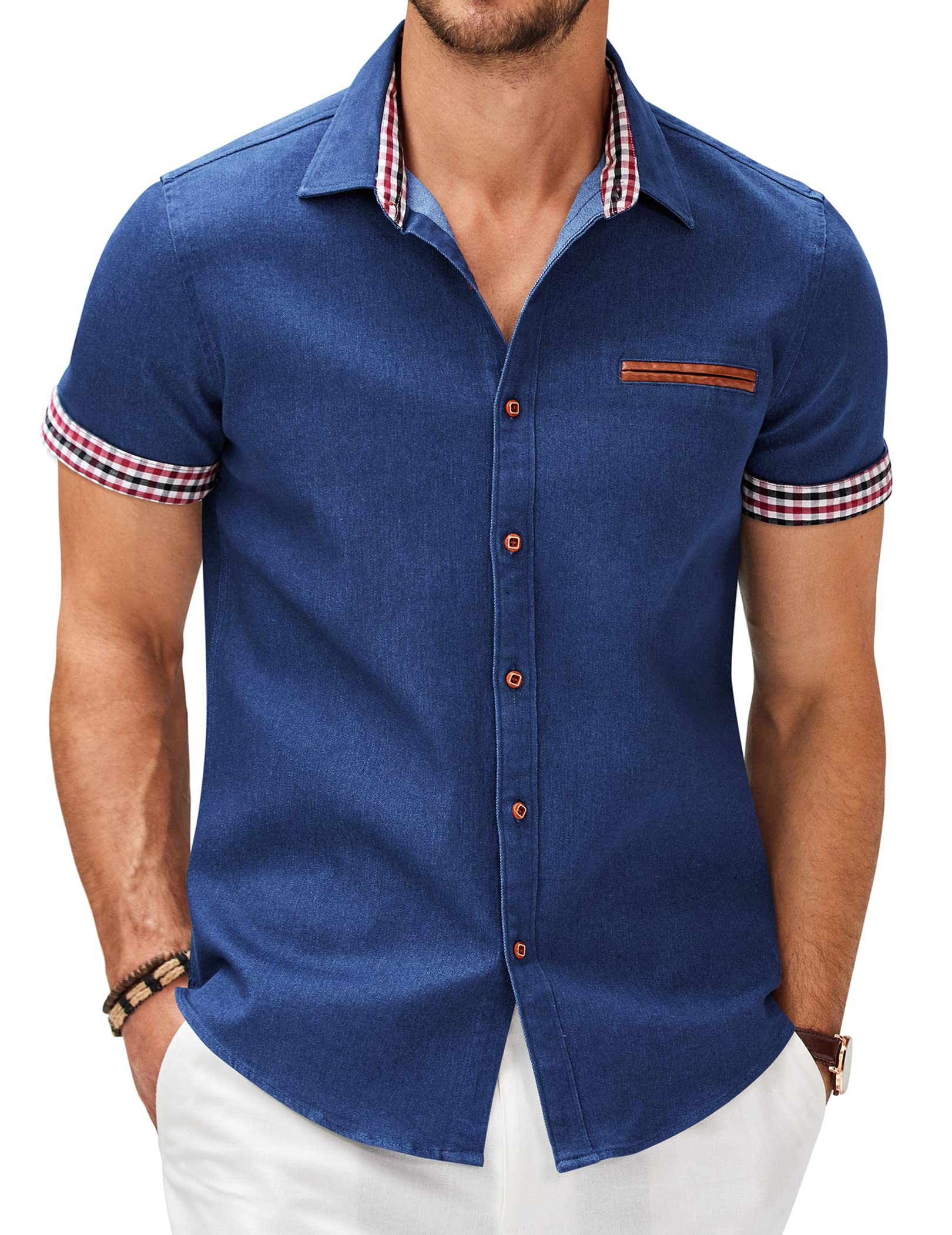 COOFANDY Short Sleeved Shirts Men Casual Button Down Dress Shirt Denim Work Shirts, Dark Blue, X-Large