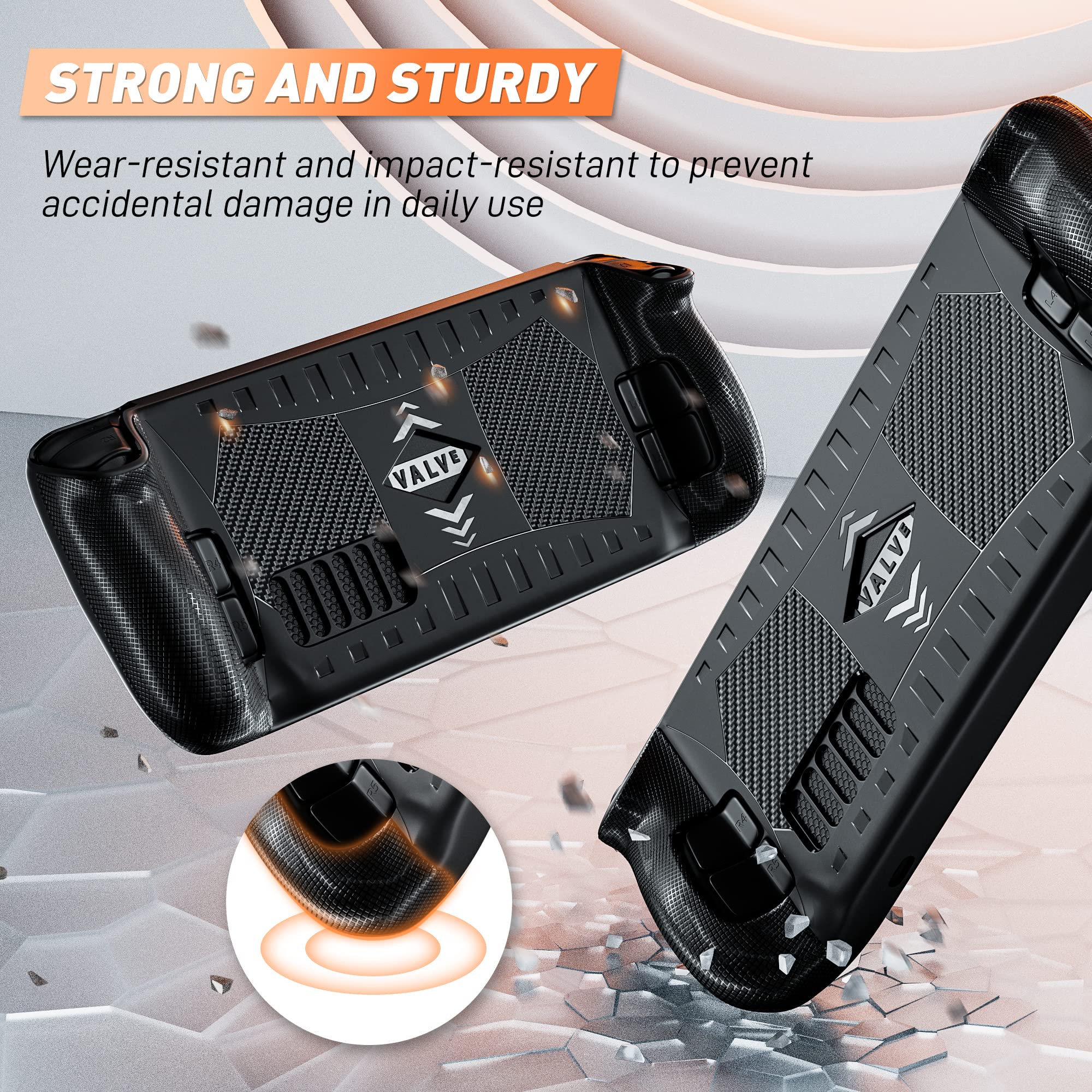 FUNDIARY Thickened TPU Protective Shell for Steam Deck, Non-Slip Texture Handle Case Compatible with Steam Deck, Anti-Collision Cover with 4 Thumb Caps and 2 Tempered Glass Screen Protector