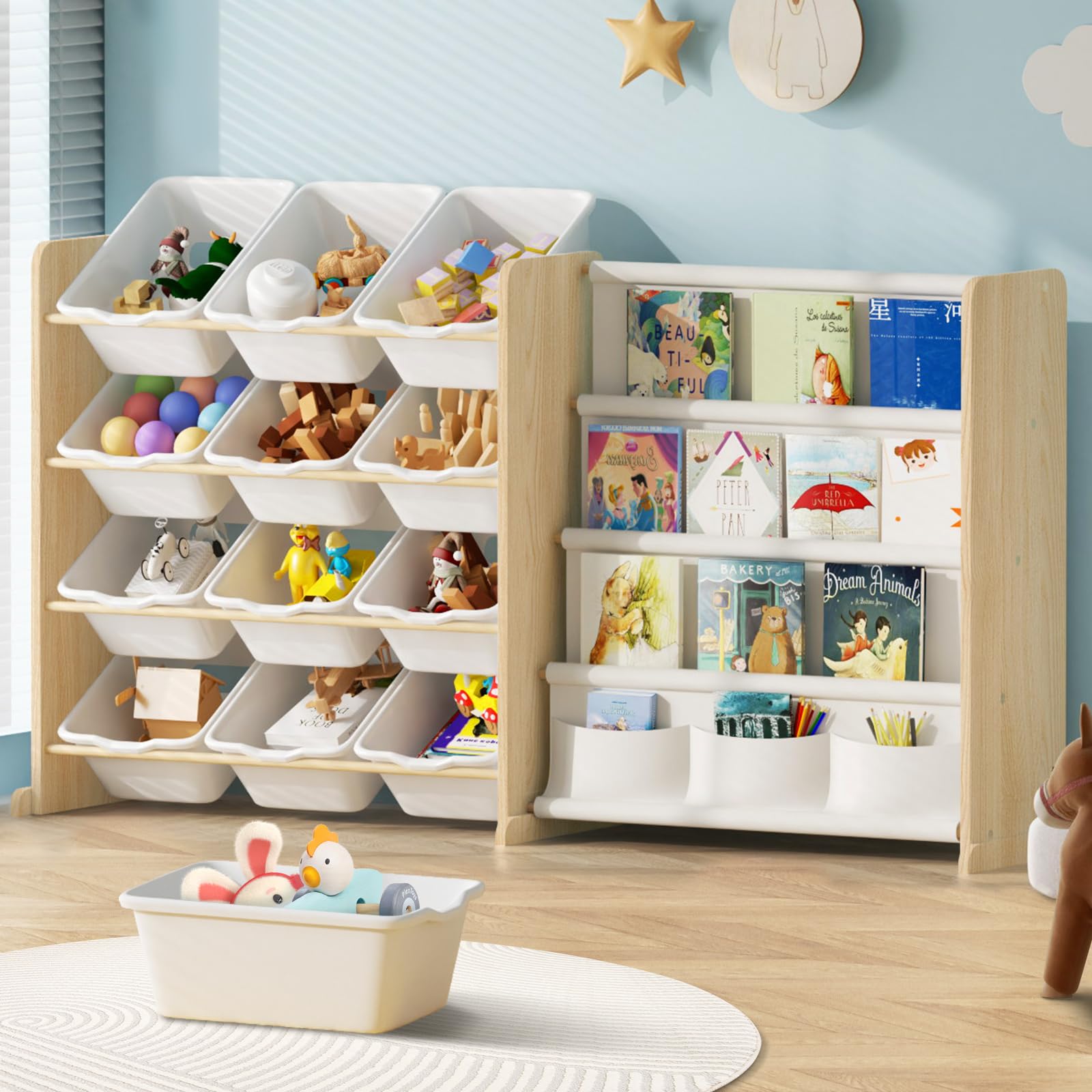 EXPERLAM Kids Toy Storage Organizer - Toy Organizer with Kids Bookshelf, Toy Storage with 12 Toy White Bins and 4 Book Shelves, Toy Organizers and Storage for Playroom, Nursery, Kids Room, Burlywood