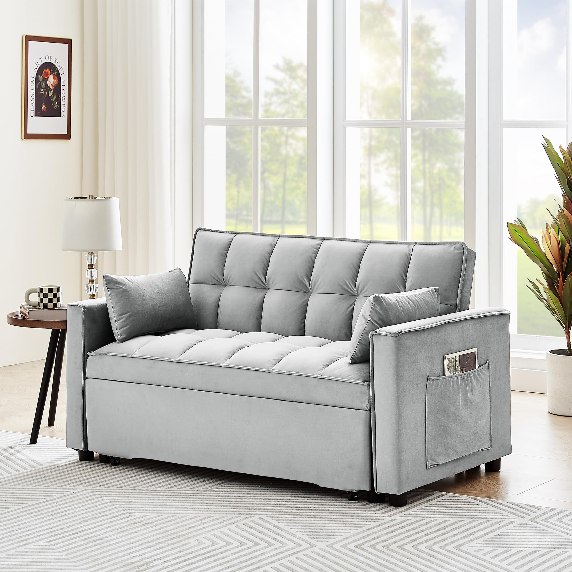 FULife Sleeper Sofa, Convertible Futon Loveseat Sofá Chair 3-in-1, Pullout Chaise Lounge Couch Bed 2-Seat with Adjustable Back for Living Room Apartment Small Space, Gray 55.2" w