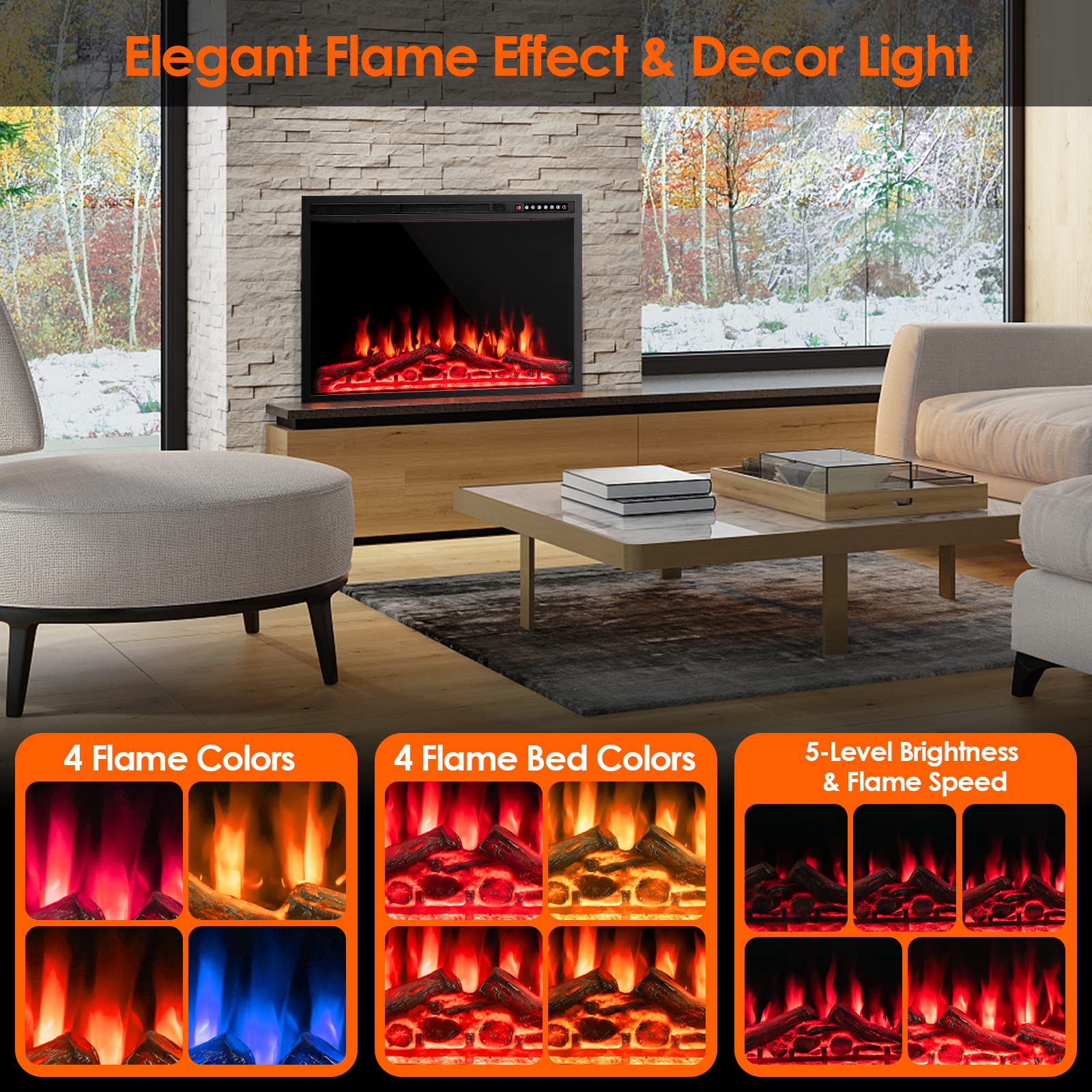 COSTWAY 37-Inch Electric Fireplace, Wall-Mounted and Recessed Fireplace Heater with 4 Flame and Log Colors, 5-Level Flame Speed and Brightness, Remote Control, 8H Timer, Overheat Protection, 1500W