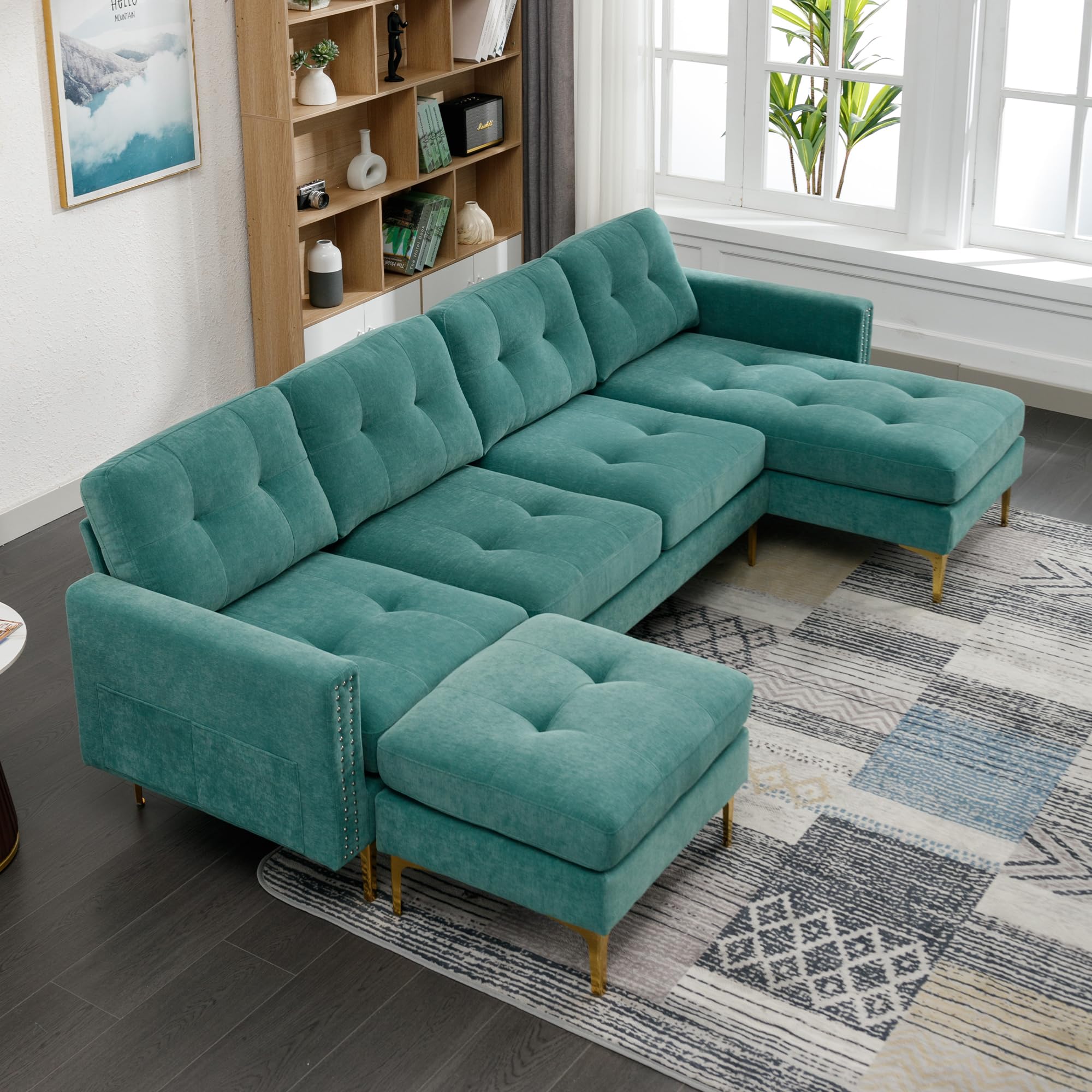Favfurish 110" L Shape Convertible Sectional Sofa with Movable Ottoman,Velvet U-Shape Modular Couch,for Living Room,Apartment, Office,Green