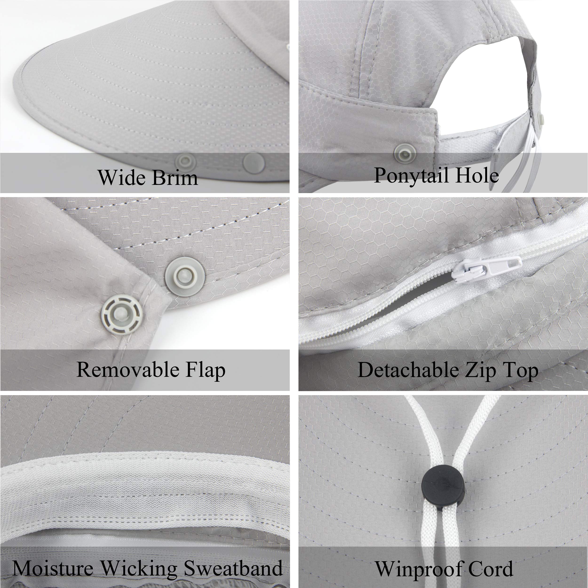Women Summer Sun Protection Hat Wide Brim UV Hats Removable Neck Face Flap Cap with Ponytail Hole for Fishing Climbing Gardening Gray