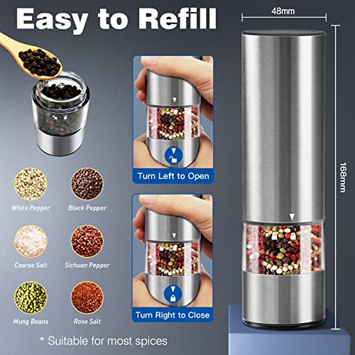 Rechargeable Electric Salt and Pepper Grinder Set - Stainless Steel, with USB Type-C Cable, LED Lights, Automatic Modern Electric Pepper Mill, 2 Adjustable Coarseness Mills, One Hand Operation