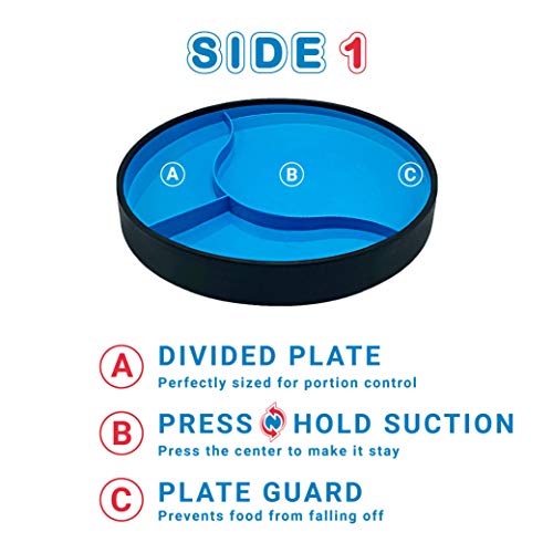 STAYnEAT, High End 2n1 Divided Suction Plate n Scoop Dish w Guard, Non-Slip -Tip -Flip, USA, S/L, Blue (S)