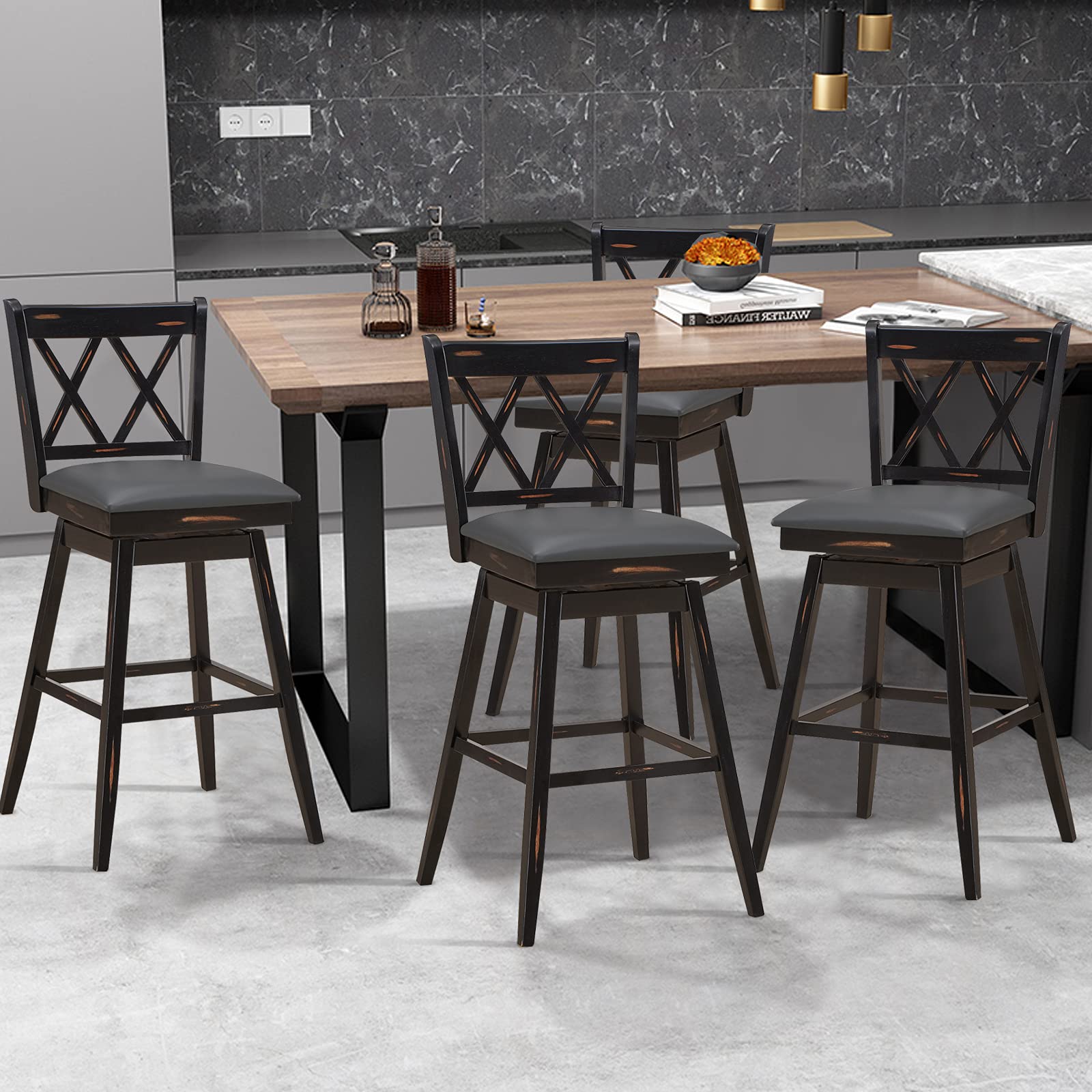 COSTWAY Bar Stool Set of 2, 360 °Swivel Counter Height 29.5 inch Bar Stool with Foot Rest Upholstered Cushion & Ergonomic Backrest, Premium Foot Rest & Sturdy Frame (4, Black + Grey)