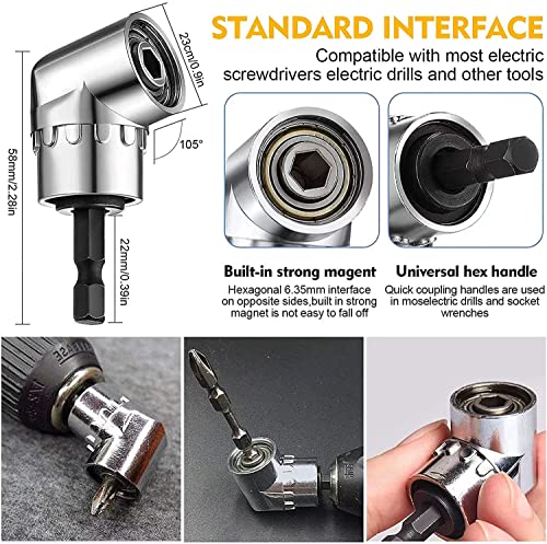Flexible Drill Bit Extension Set, 105° Right Angle Drill Attachment, 1/4 3/8 1/2In Hex Shank Impact Driver Socket Adapter Rotatable Socket, Bendable Drill Bit Extension Screwdriver Bit