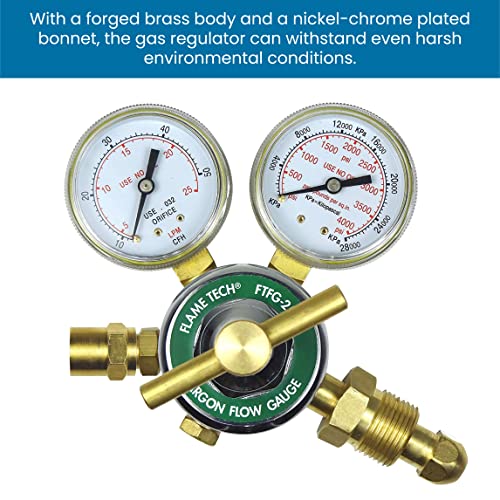 Flame Tech Flow Gauge Argon Regulator, Easy to Read 2β Dual-Scale Gauges, Ideal Welding Tool, Sturdy Construction, Comes Packaged in a Black Box, Tested in The USA