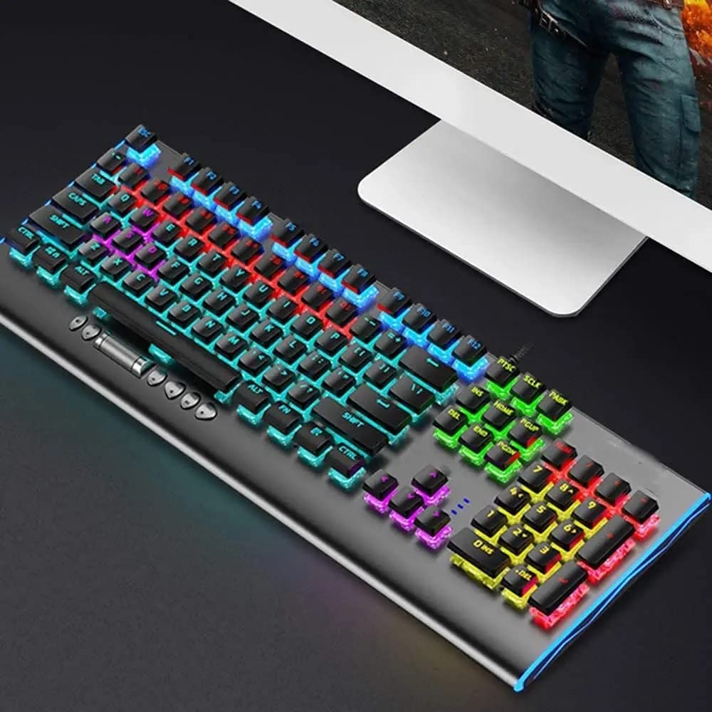 EYEARN Mechanical Gaming Keyboard, USB Wired Mechanical Keyboard, LED Rainbow Backlit Wired Keyboard, Suitable for Office, Games, Work, Family, Competitive Games (104 Keys) Responsive and Fast