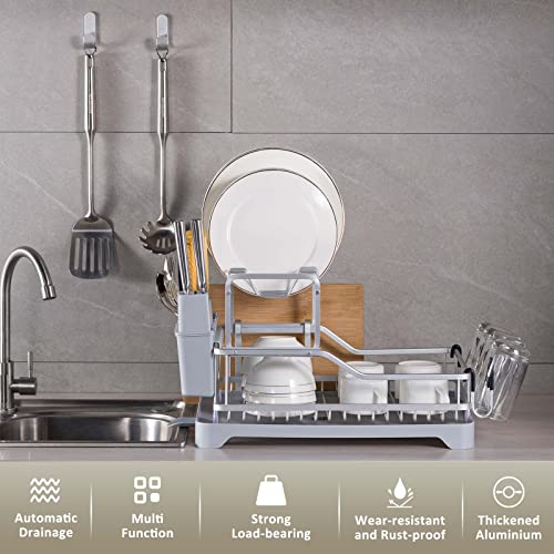 Panchydor Dish Rack,Aluminum 2 Tier Silver Large Dish Drainers for Kitchen Counter,One-Step Installation Automatic Draining Dish Rack with Cup Holder,Utensil Holder,Cutting Board Holder,Two Hooks