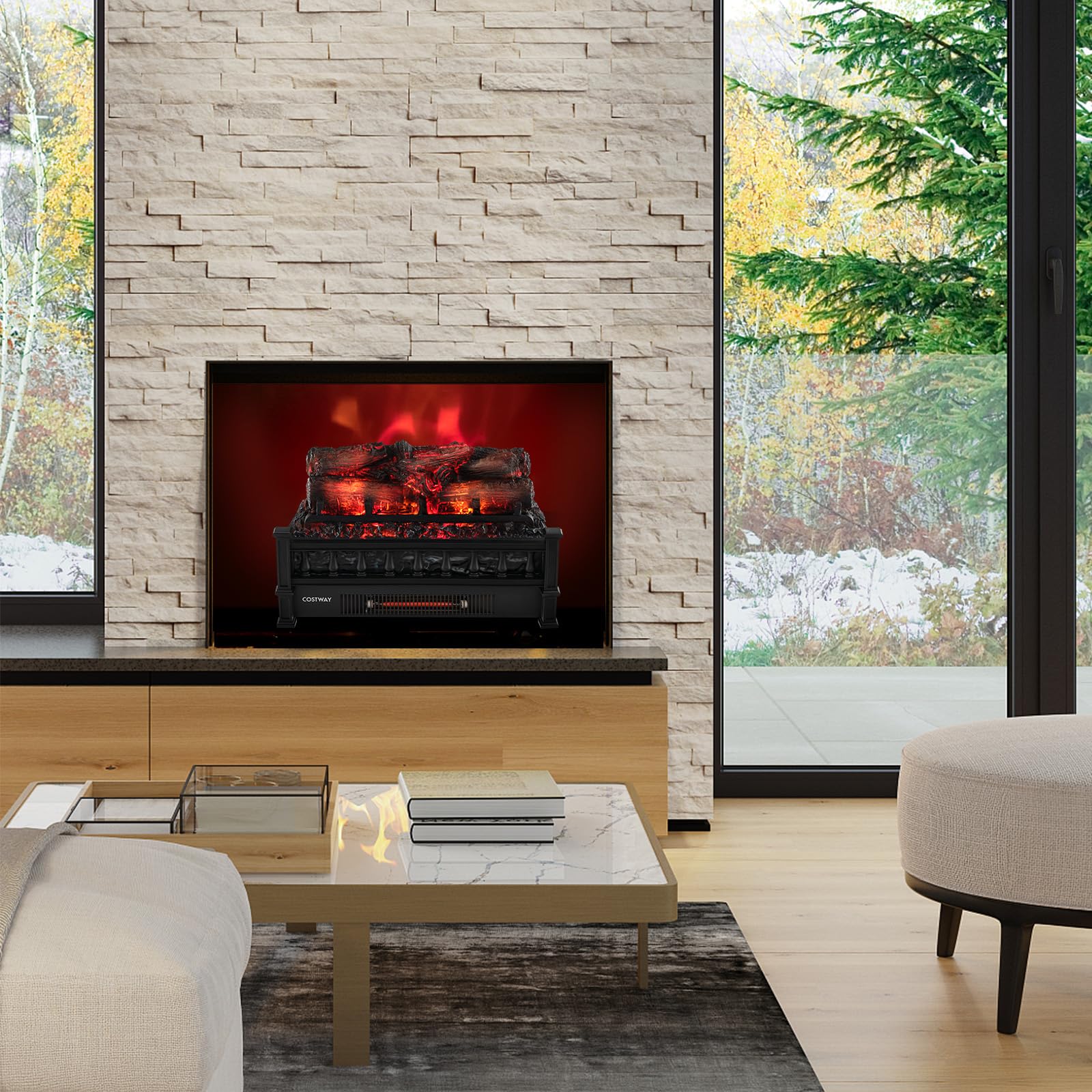 COSTWAY Eternal Flame Electric Fireplace Log, 20-inch Fireplace Insert Log Heater with Realistic Pinewood Ember Bed, Adjustable Temperature, Infrared Electric Fireplace Log for Home Decor, Black 1500W