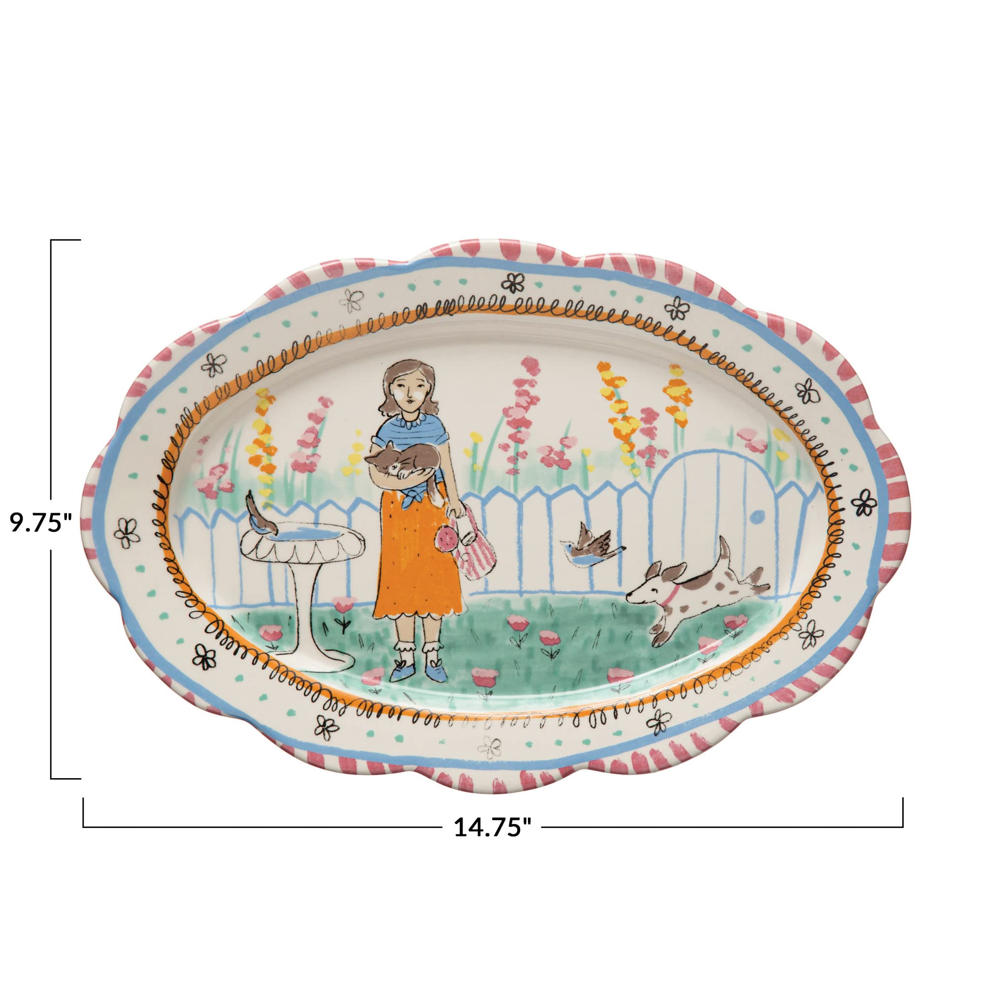 Creative Co-Op Decorative Ceramic Painted Illustration and Scalloped Edge, Multicolor Platter, Multi