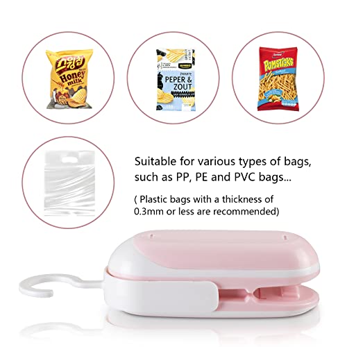 MVNIHEK 2 In 1 Mini Bag Sealer, Portable Heat Sealer and Cutter with Hook,Bag Sealer Mini Sealing Machine Kitchen Gadget for Plastic Bags Food Chip Storage (Pink)