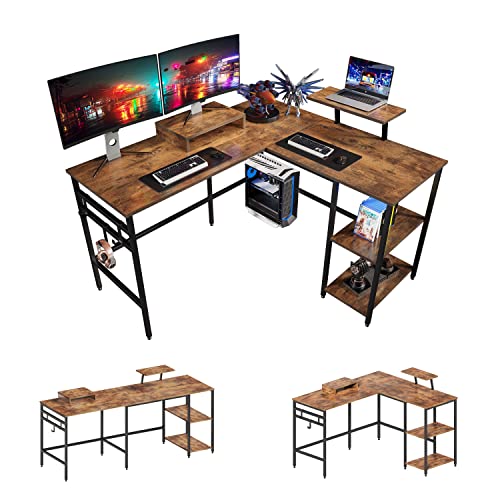 GLAUBIO 51" L Shaped Desk with Storage Shelve, Computer Corner Desk,Corner Computer Desk with 2 Monitor Stand Shelf,Home Office Gaming Table,Study Writing Workstation(Vintage Oak Finish)