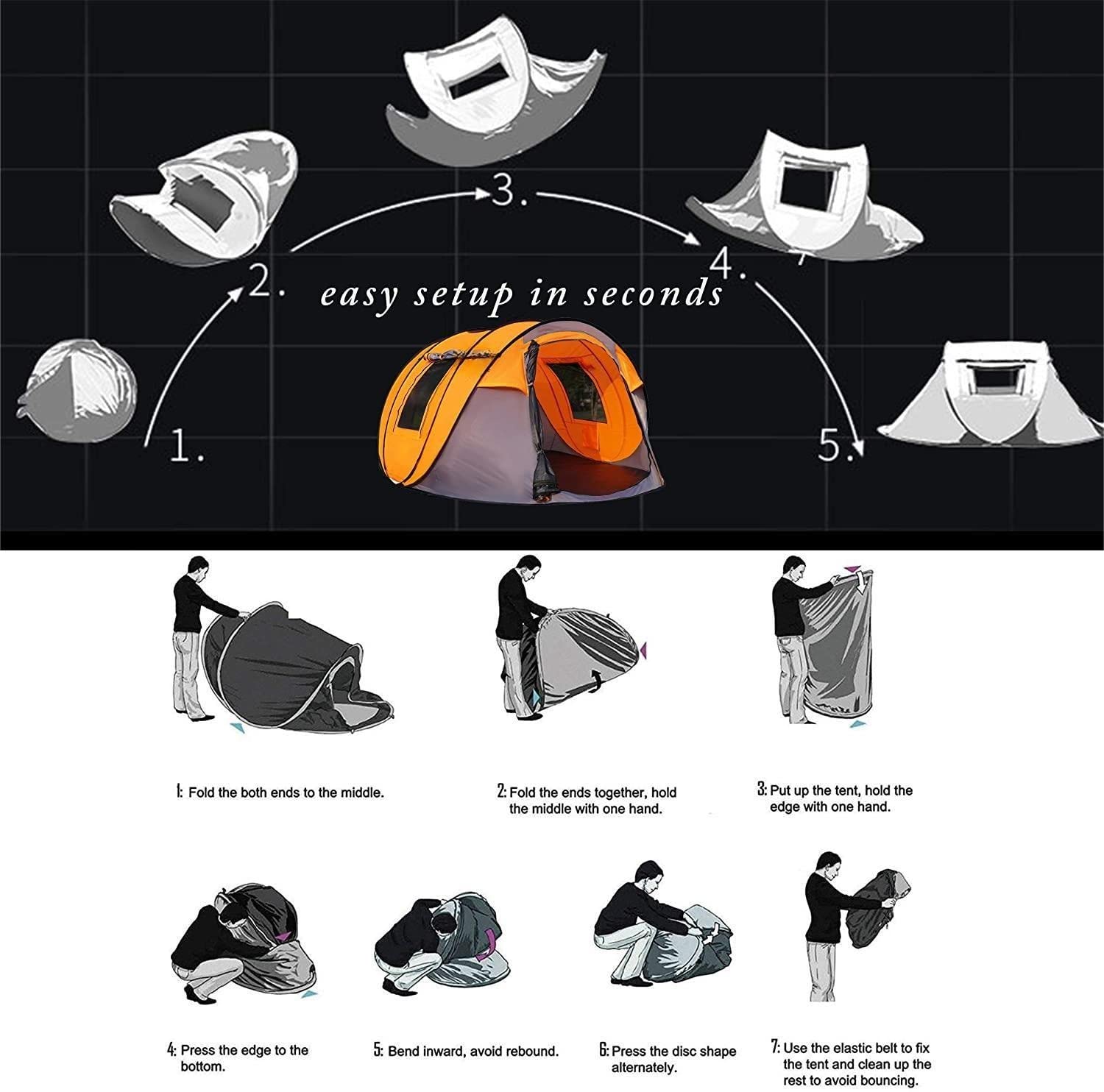 Dome Tent Pop Up Tent X-Large Camping Tent 5-6 Person Tent with Sky-Window, Automatic Setup, Fast Pitch, Fold with Portable Carry Bag Ideal for Family Backpack Hiking, Orange
