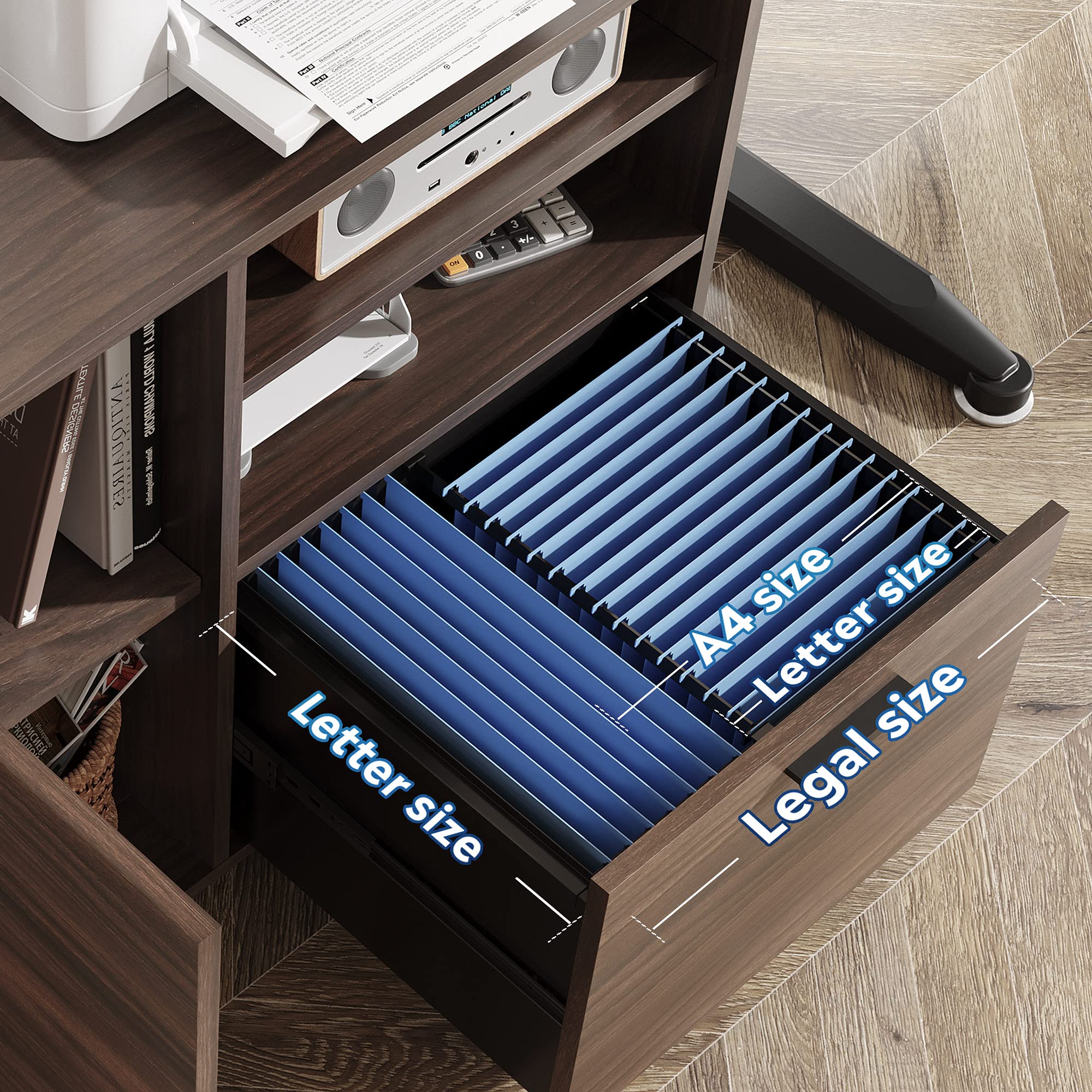 DEVAISE Wood Lateral File Cabinet with 1 Drawer, Printer Stand with Storage Door and Shelves, Large Mobile Filing Cabinet for Home Office, Walnut