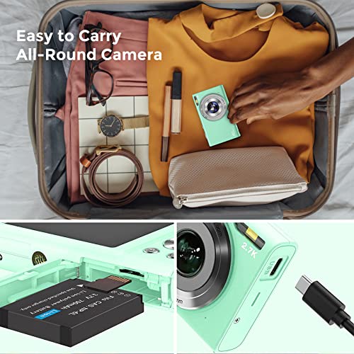 Digital Camera Auto Focus 2.7K Vlogging Camera HD 48MP 16X Digital Zoom Camera with 32G Memory Card 2 Batteries YouTube Portable Mini Compact Camera for Kids Teens Adult Beginner Green