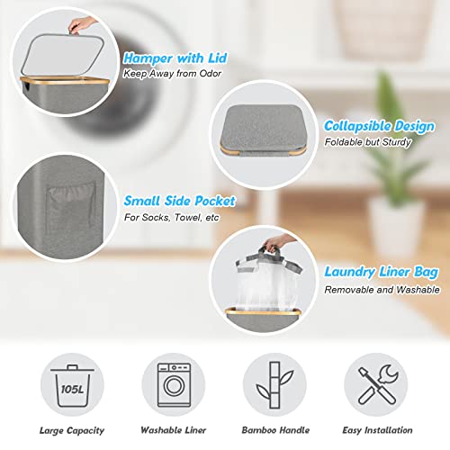GLCONN Tall Laundry Basket with Lid, Inner Bag - 105L Large Laundry Hamper Bathroom Clothes Basket - Collapsible Storage Bin Grey Basket for Clothes, Toys, Dorm, Living Room, Bedroom Organizer