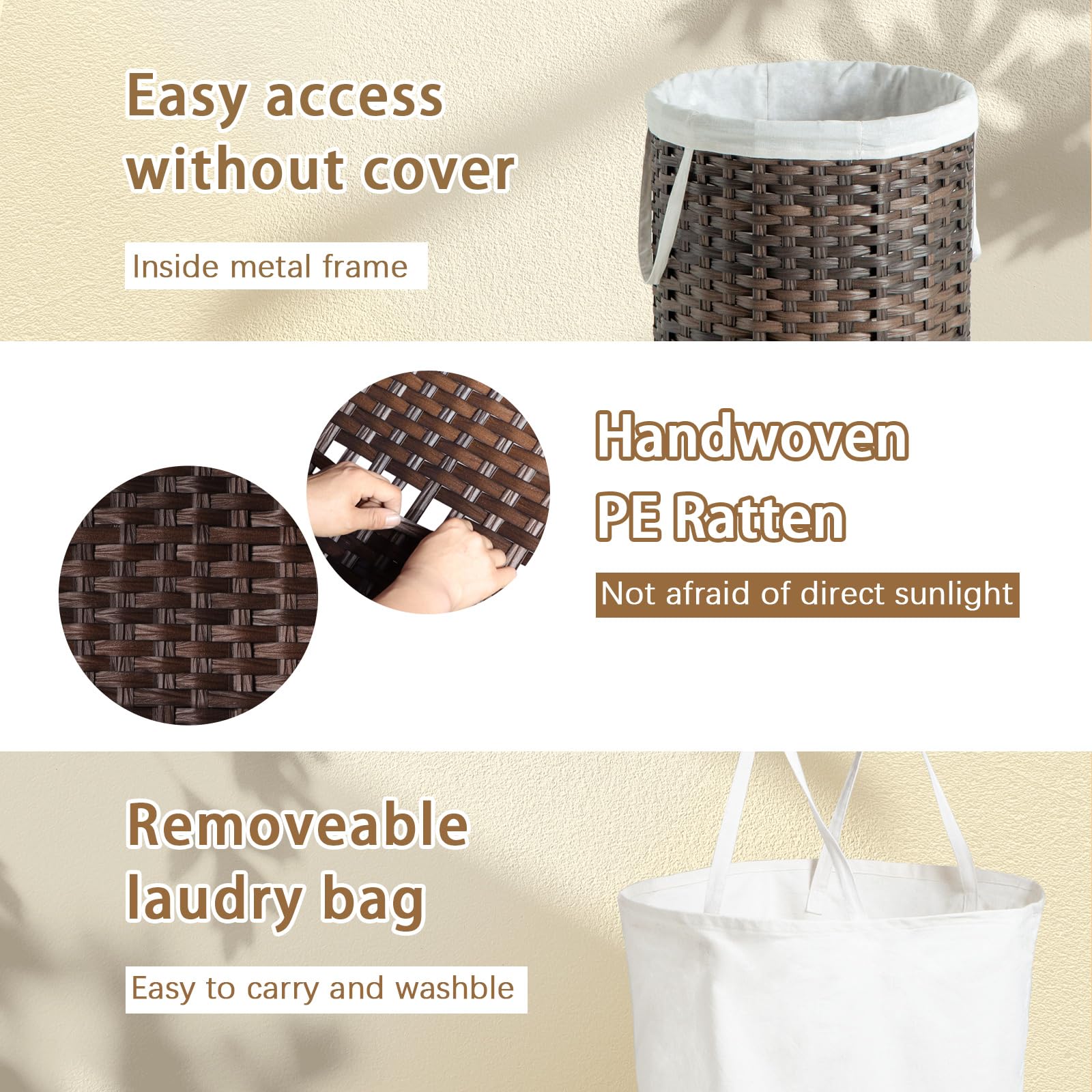 KUREEISE Laundry Basket, Handwoven Rattan Laundry Hamper, No Install Needed, 26.5 Gal (100L) Round Clothes Hamper with Removable Bag & Handles, Foldable Storage Basket for Bedroom(Brown)