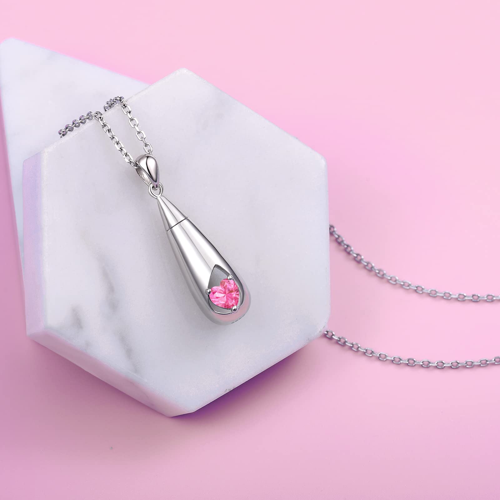 Cremation Jewelry, 12 Months Birthstone Urn Necklace for Ashes 925 Sterling Silver Teardrop CZ Memorial Ashes Keepsake Gift Cremation Jewelry for Ashes for Women