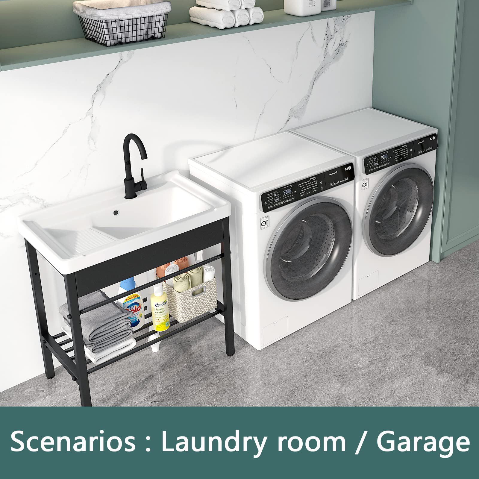 Freestanding Sink, 28.3" × 19" × 32.3" Ceramic Utility Sink with Washboard Set with Bracket and Drain Kit for Laundry Room, Garage, Basement, Outdoor and Indoor