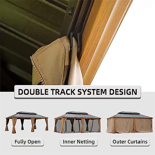 Jaxenor 12'x20' Outdoor Aluminum Wood Grain Hardtop Gazebo - Galvanized Steel Double Canopy for Patios, Decks, and Backyards - Includes Curtains and Netting (Wood-Looking)