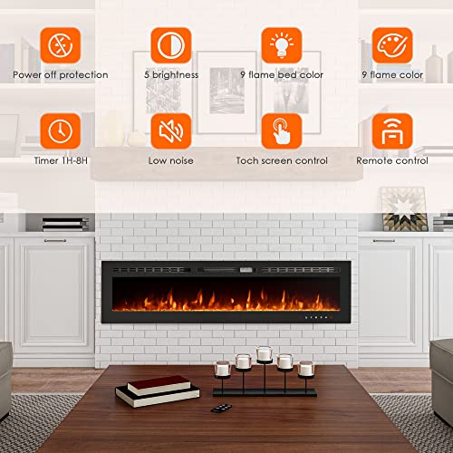 PAOLFOX 70 inch Electric Fireplace Insert,Electric Wall Mounted,Wall with Remote Control,Linear Fireplace,Led Fireplace,Electric Recessed,9 Flame Colors… Black