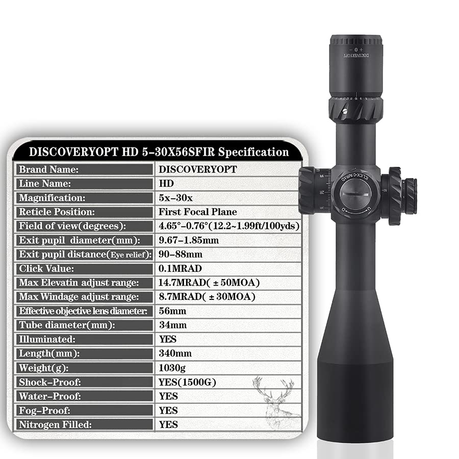 DISCOVERYOPT HD 5-30x56 FFP First Focal Plane (FFP) Rifle Scope with Red Illuminated Reticle and Parallax Adjustment High Definition Hunting Scope