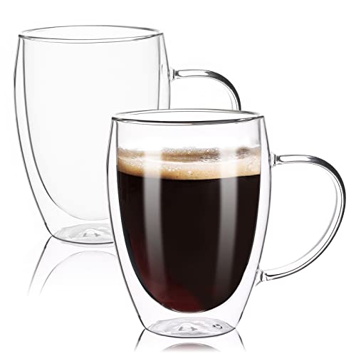 Douria Double Walled Glass Coffee Mugs, Clear Espresso Cups, Coffee tea Mugs Set, Iced Coffee Cup, Glass Mugs for Hot Beverages, Premium Glasses Set, Each 350ml (12Ounces./Set of 2)