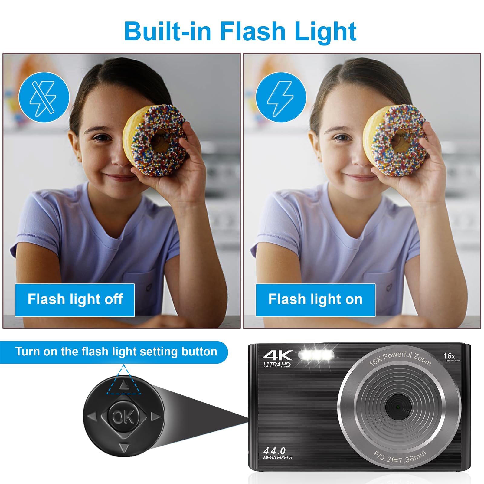 Digital Camera for Teens, FHD 4K 44MP Digital Camera with 64GB SD Card 16X Digital Zoom, Digital Camera Compact Point and Shoot Camera for Teens Boys Kids Camera Digital Black(Black)