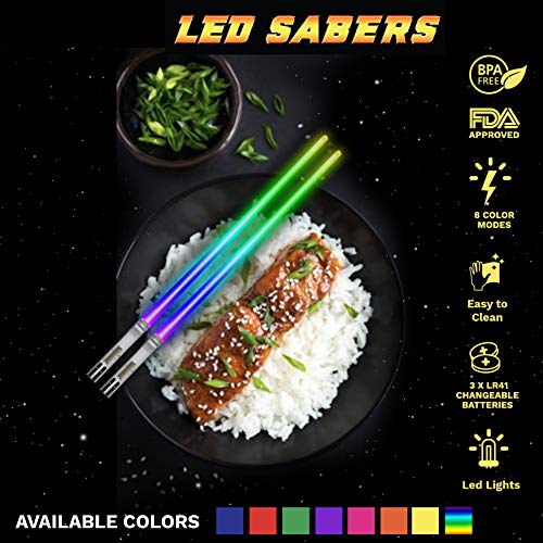 LIGHTSABER CHOPSTICKS LIGHT UP STAR WARS LED Glowing Light Saber Chop Sticks REUSABLE Sushi Lightup Sabers Removable Handle Dishwasher Safe 8 Color Modes 1 Pair