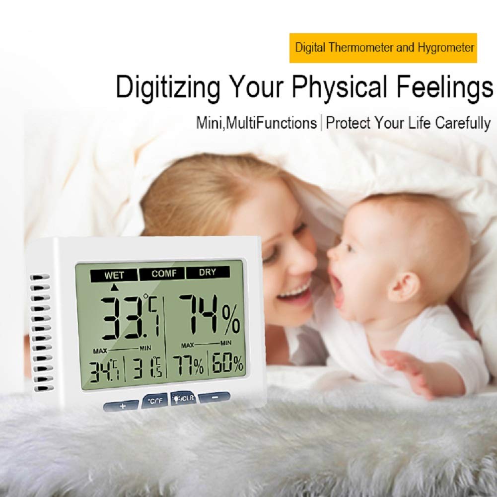 Digital Hygrometer Indoor Thermometer, Temperature Humidity Gauge with Backlit Accurate Monitor Clear Reading, °C/°F Switch, Accuracy Calibration, Max/Min Records, Ideal for Home, Office - White
