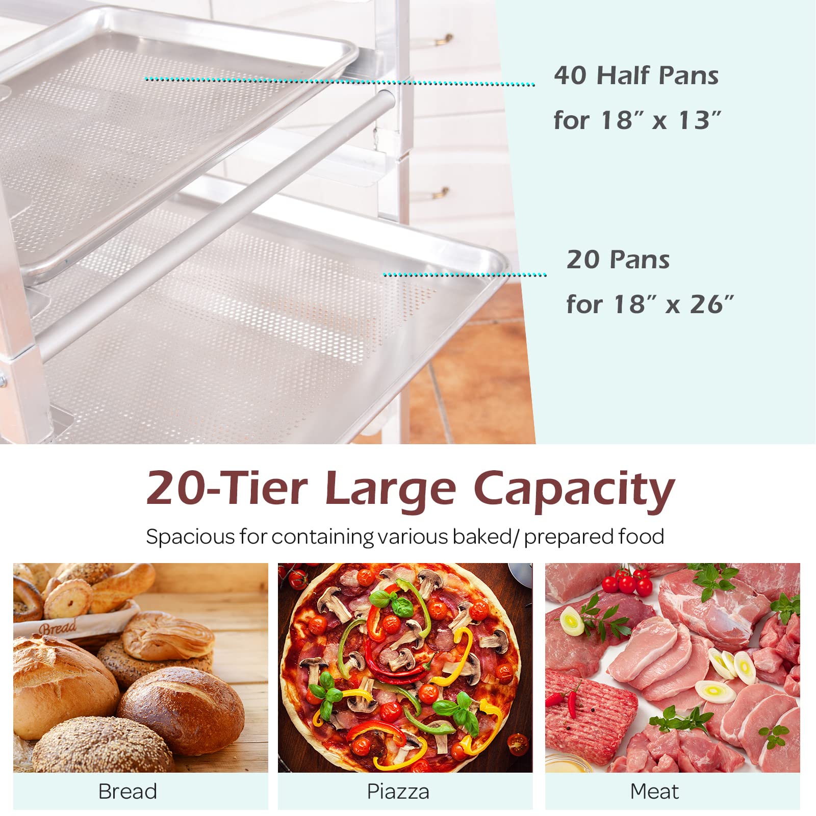 PETSITE 20 Tier Sheet Pan Rack, Commercial Aluminum Full & Half Bun Pan Bakery Rack with Brake Wheels for Restaurant Home Kitchen