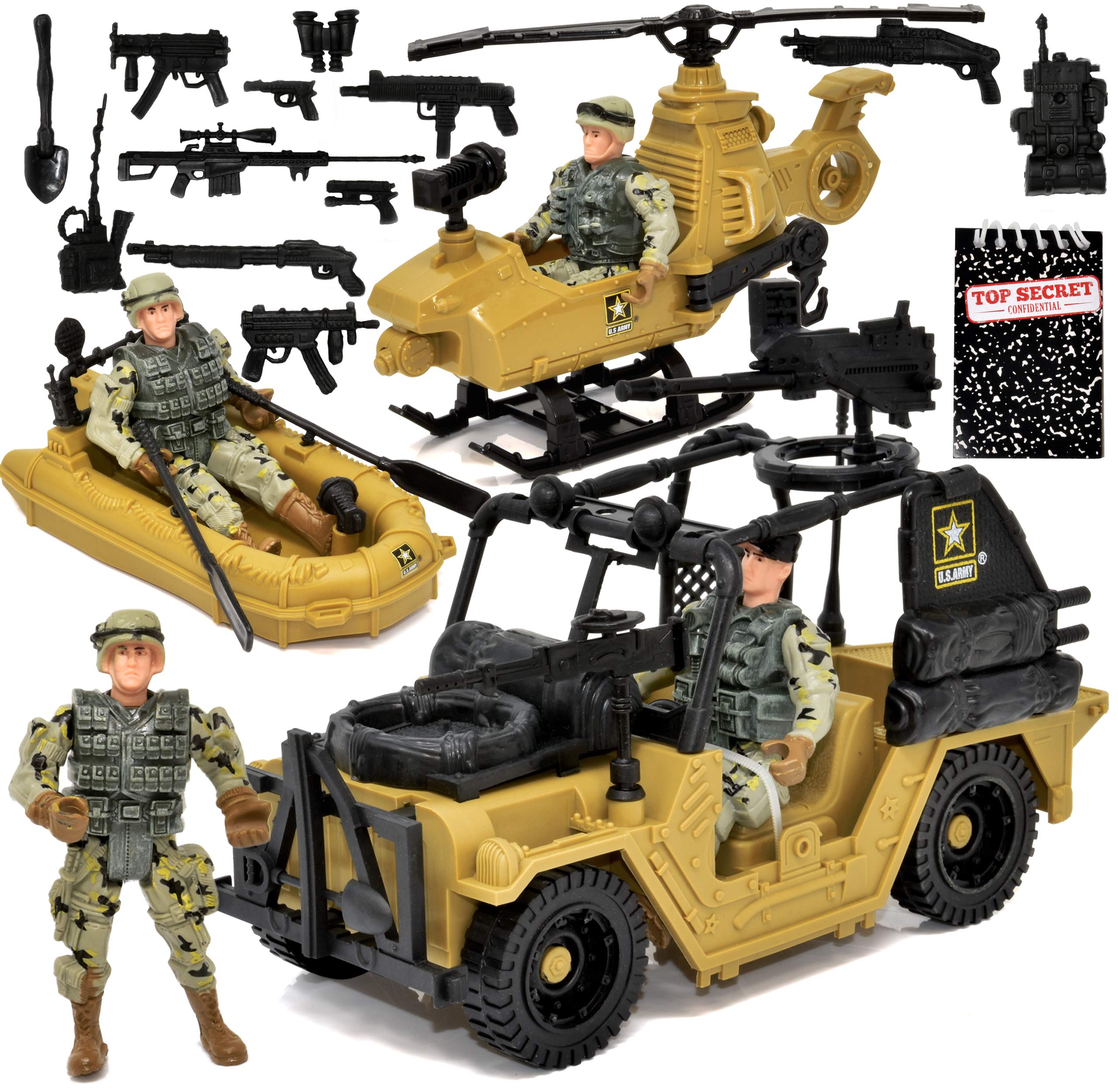 US Army Men Action Figure Toy Playset for Boys Desert Forces and Rescue Team Military Vehicle, Rescue Boat and Helicopter 4 Military Men Action Figures with Weapon Accessories and Top Secret Notepad