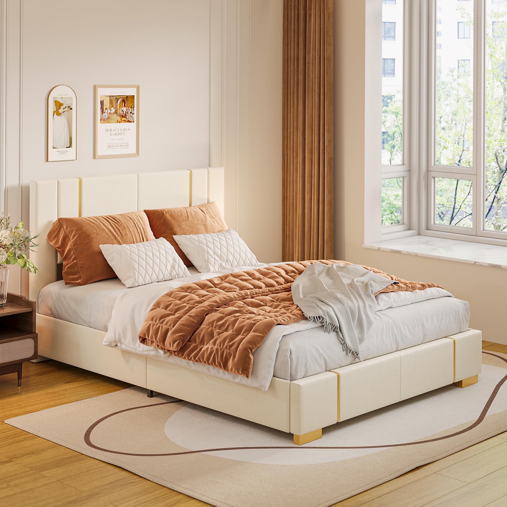 Gizoon Upgrade Queen Bed Frame, Upholstered Platform Bed Frame with Modern Headboard, Sturdy Metal Frame, Wooden Slats, Easy Assembly, Noise-Free, No Box Spring Needed, Beige