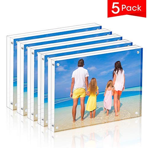 Meetu Acrylic Picture Frame 4x6,Clear Freestanding Double Sided 20mm Thickness Frameless Magnetic Photo Frames Desktop Display with Gift Box Package(5 Pack)